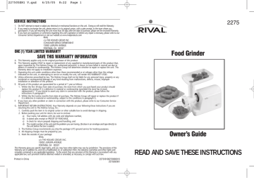 Rival Food Grinder 2275 Owner's Guide | Manualzz