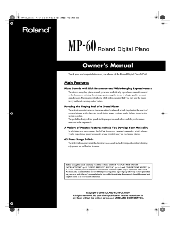 Roland MP-60 Digital Piano Owner's Manual | Manualzz