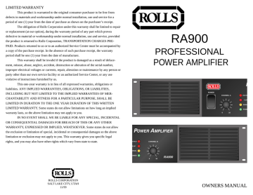 Rolls RA900 Power Amplifier Owner's Manual | Manualzz