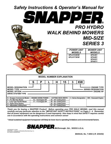 Snapper Pro Hydro Series 3 Walk-Behind Mower Manual | Manualzz