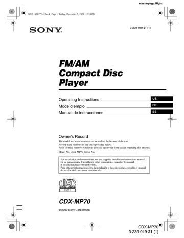 Sony CDX-MP70 Operating instructions | Manualzz