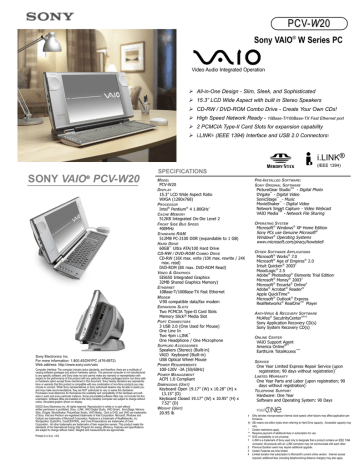 Sony PCV-W20 Marketing Specifications | Manualzz