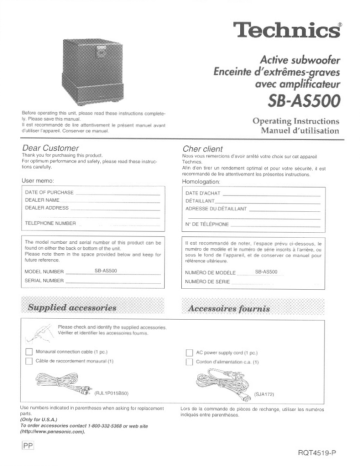 Technics SB-AS500 Active Subwoofer Operating Instructions | Manualzz
