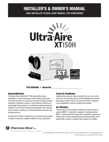 Ultra-Aire XT150H Installer's Manual | Manualzz