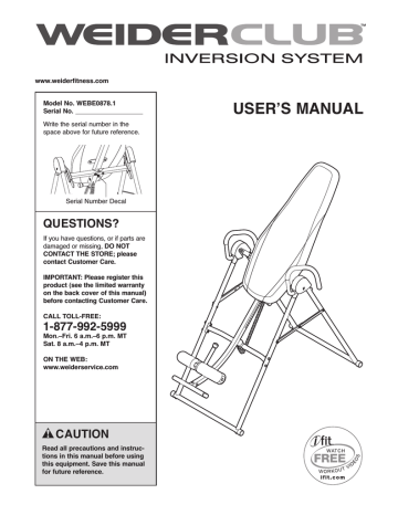 Weider Inversion System WEBE0878.1 User's Manual | Manualzz