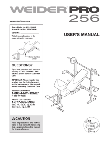 Weider PRO 256 Weight Bench User Manual | Manualzz