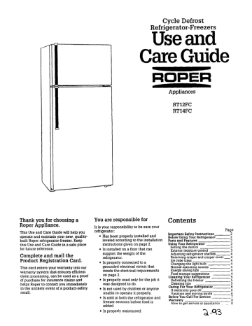 Roper RT12FC, RT14FC Refrigerator User Guide | Manualzz