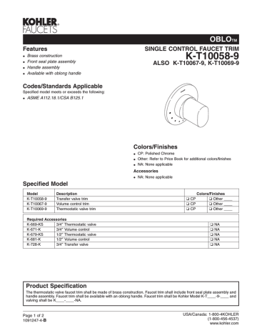 Kohler OBLOTM K-T10058-9, K-T10067-9, K-T10069-9 Product Details | Manualzz