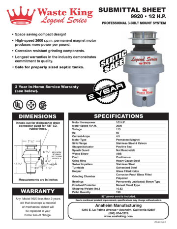 Waste King Legend Series 9920 Specification | Manualzz