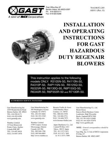 GAST Hazardous Duty Regenerair Blower R3105N-50, R4110N-50, R4310P-50 ...