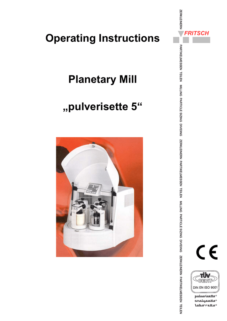 Fritsch Planetary Mill PULVERISETTE 5 Operating Manual | Manualzz