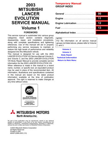 2003 Mitsubishi Lancer Evolution VIII Service Manual - Volume 1 | Manualzz