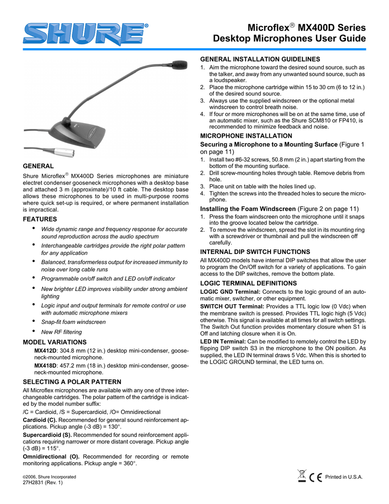 Shure Microflex MX412D MX418D User Guide | Manualzz