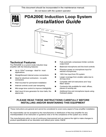 PDA200E Induction Loop System Installation Guide | Manualzz