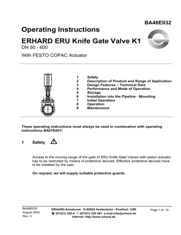 ERHARD ERU K1 Knife Gate Valve Operating Instructions | Manualzz