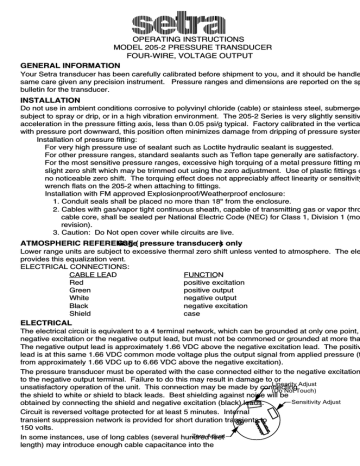 Setra 205-2 Pressure Transducer Operating Instructions | Manualzz