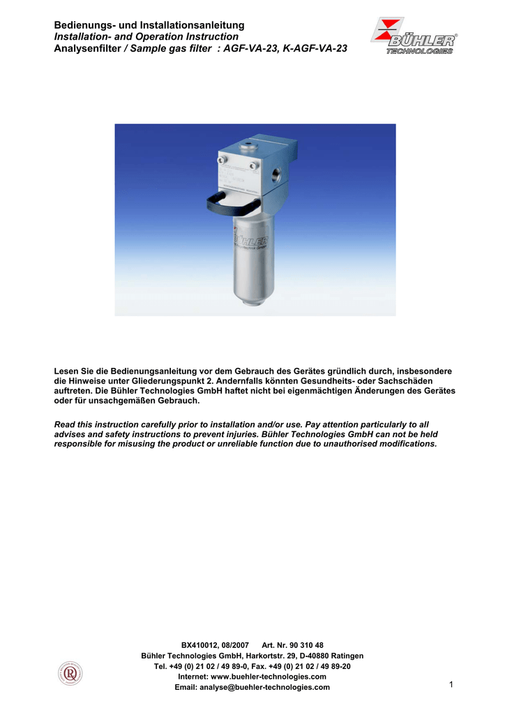 Buhler AGF-VA-23-V Installation And Operation Instruction Manual | Manualzz