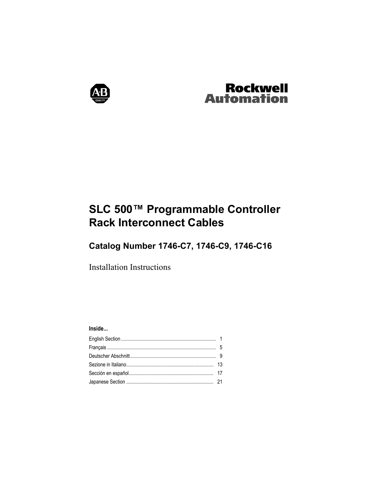SLC 500 Programmable Controller Rack Interconnect Cables | Manualzz