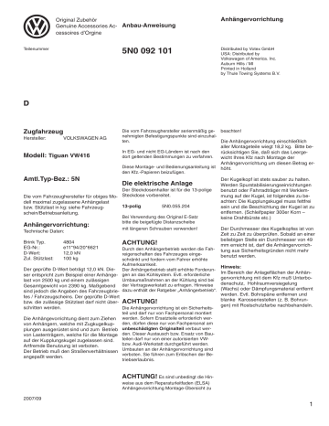 VW Anhängerkupplung Tiguan VW416 Anbau-Anweisung | Manualzz