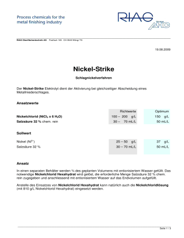 Nickel-Strike Elektrolyt - Betriebsanleitung | Manualzz