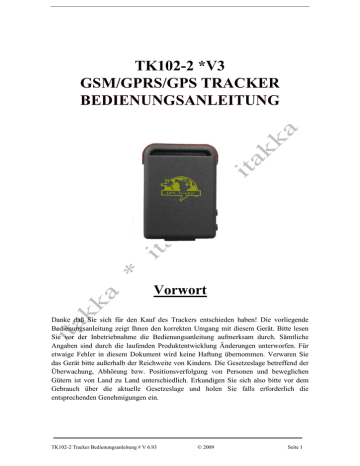 GPS Tracker TK102-2 V3 Bedienungsanleitung | Manualzz