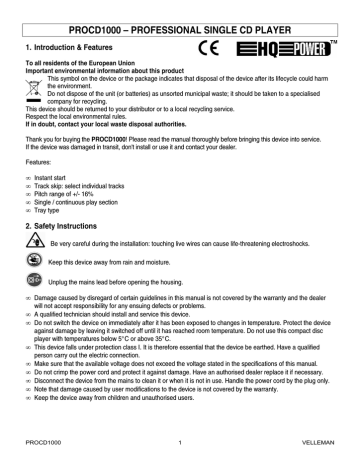 CD Player PROCD 1000 User Manual | Manualzz