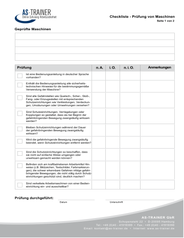 Checkliste - Prüfung von Maschinen n. A. i. O. n. i. O | Manualzz