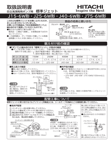 HITACHI J15-6W, J25-6W, J40-6W, J75-6W 標準ジェット 取扱説明書 | Manualzz