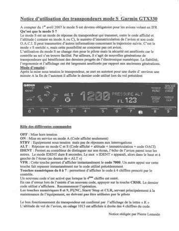 Notice d'utilisation du transpondeur Garmin GTX 330 | Manualzz