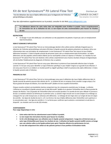 Mode d'emploi Test Synovasure® PJI Lateral Flow PJI Lateral Flow | Manualzz