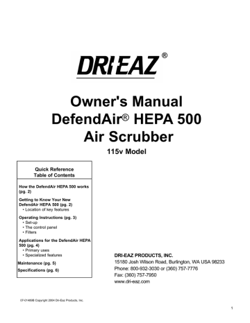 DefendAir HEPA 500 Owner's Manual | Manualzz