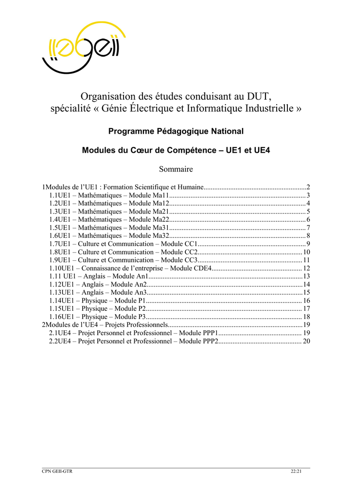 Organisation des études conduisant au DUT, spécialité «Génie Électrique ...