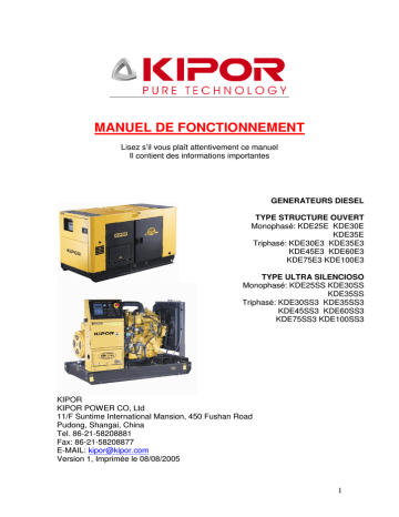 Manuel de fonctionnement KIPOR STRUCTURE OUVERT KDE25E, STRUCTURE ...