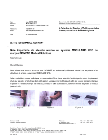 Note de sécurité pour table endourologie MODULARIS URO | Manualzz