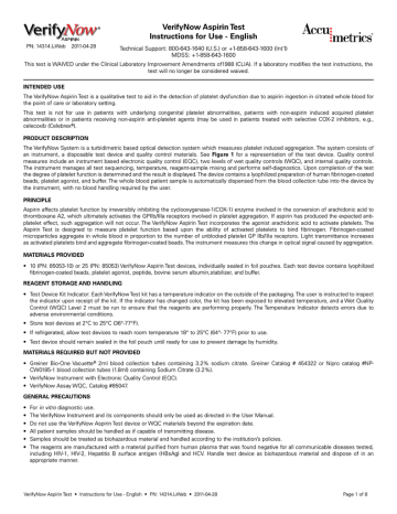 Aspirin Test VerifyNow - Instructions for Use | Manualzz
