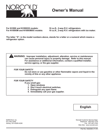 Norcold N109X Series, N109XIMXX, N109XIM Series, N109XXX Owner's manual | Manualzz