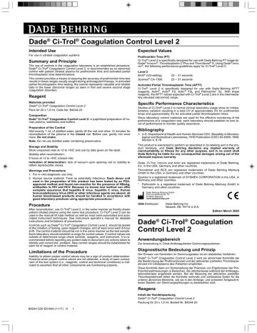 Dade® Ci-Trol® Coagulation Control Level 2 Dade® Ci | Manualzz
