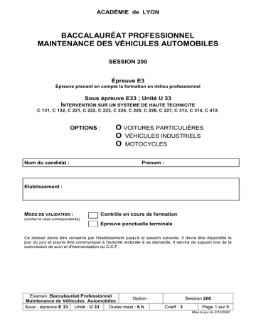 Grille d'évaluation Bac Pro Maintenance des Véhicules Automobiles - E33 | Manualzz