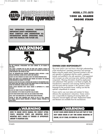 NAPA Engine Stand 791-5070 User Manual | Manualzz