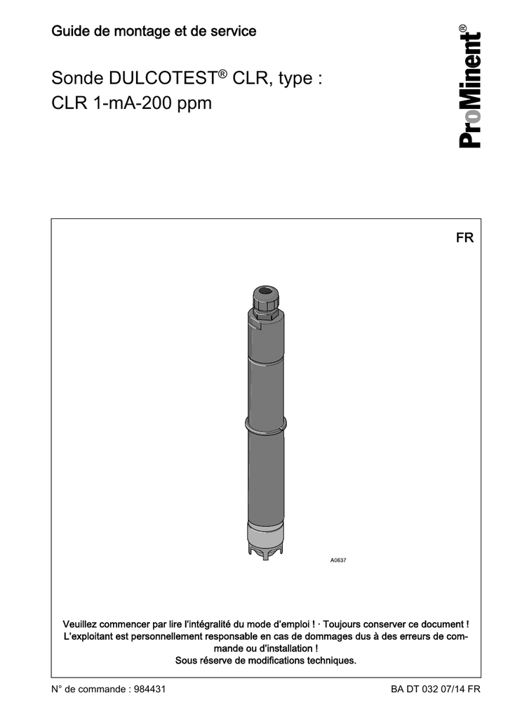Sonde Dulcotest® Clr Type Clr 1 Ma Manualzz