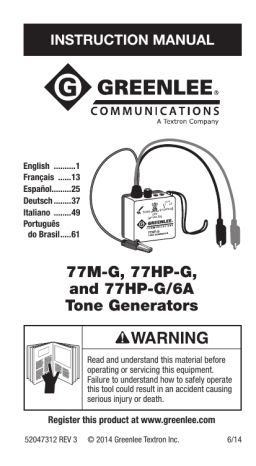 Greenlee 77MG, 77HP-G, 77HP-G/6A Tone Generator Operator's Manual | Manualzz