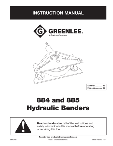 Greenlee 884 & 885 Hydraulic Benders Operator's Manual | Manualzz