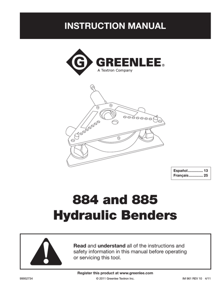 Greenlee 884 & 885 Hydraulic Benders User manual | Manualzz