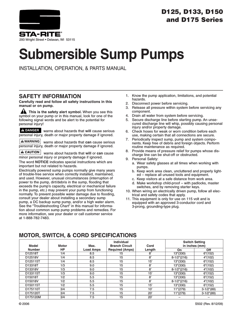 Submersible Sump Pumps - Sta-Rite | Manualzz