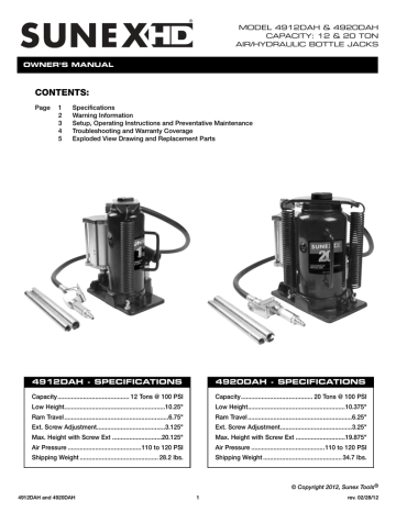 Sunex 4912DAH & 4920DAH Air/Hydraulic Bottle Jacks Owner's Manual ...