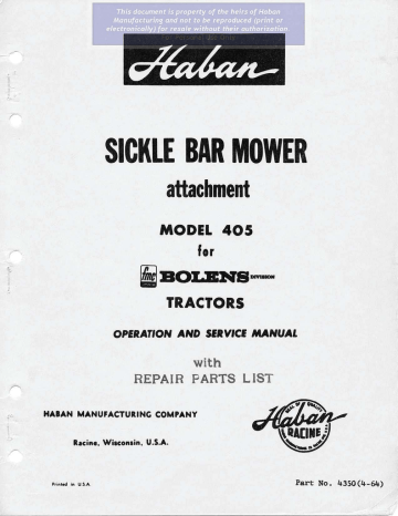 Haban Sickle Bar Mower 405 Operation and Service Manual | Manualzz