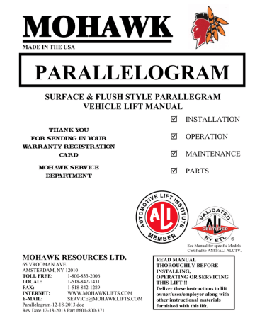 Mohawk Lifts Surface and Flush mounted lifts Product Manual | Manualzz