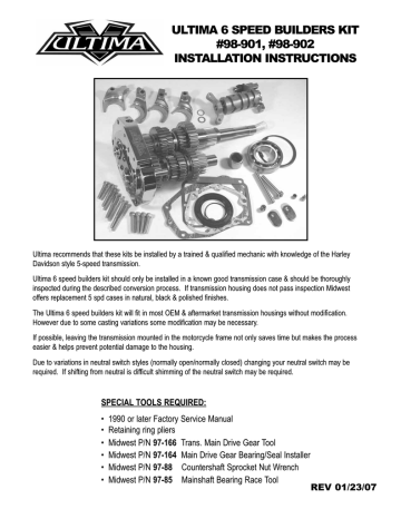 Ultima 6 Speed Builders Kit 98-901, 98-902 Installation Instructions ...