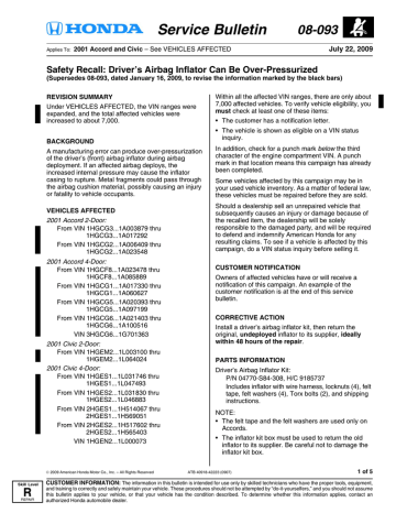 Honda Service Bulletin | Manualzz
