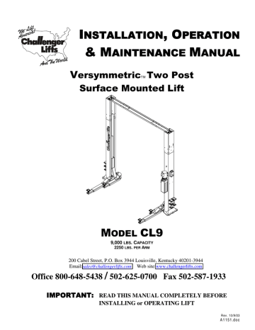 Challenger Lifts Versymmetric CL9 Installation, Operation & Maintenance ...